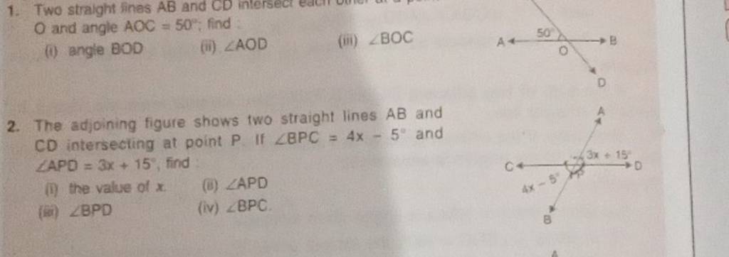 The adjoining figure shows two straight lines AB and CD intersecting at p..