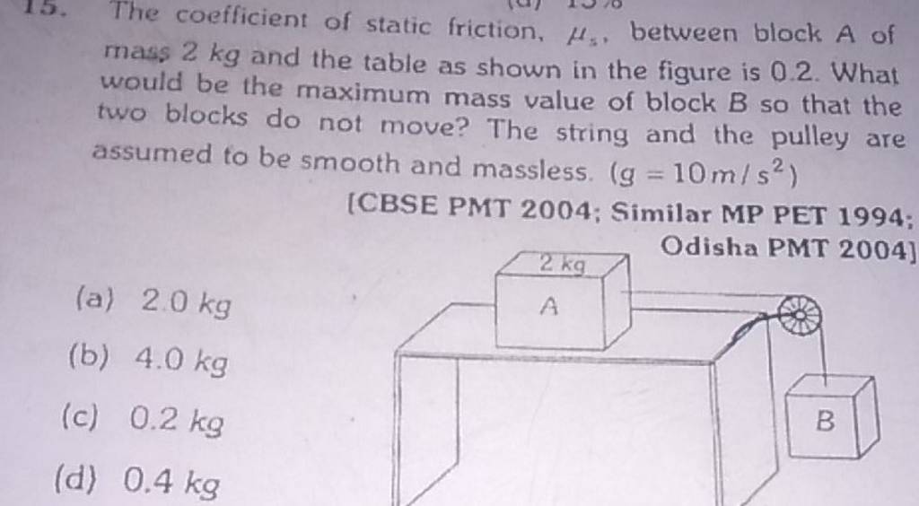 The coefficient of static friction, μs , between block A of mass 2 kg and..