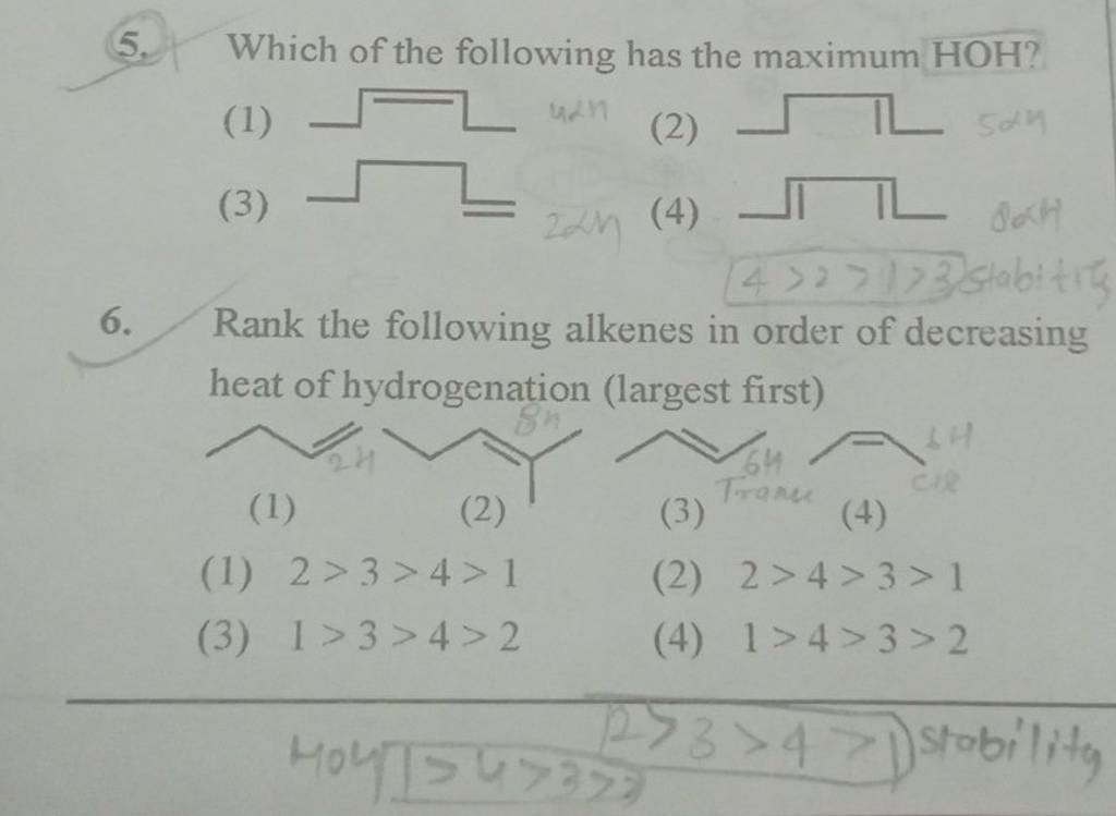 Rank The Following Alkenes In Order Of Decreasing Heat Of Hydrogenation