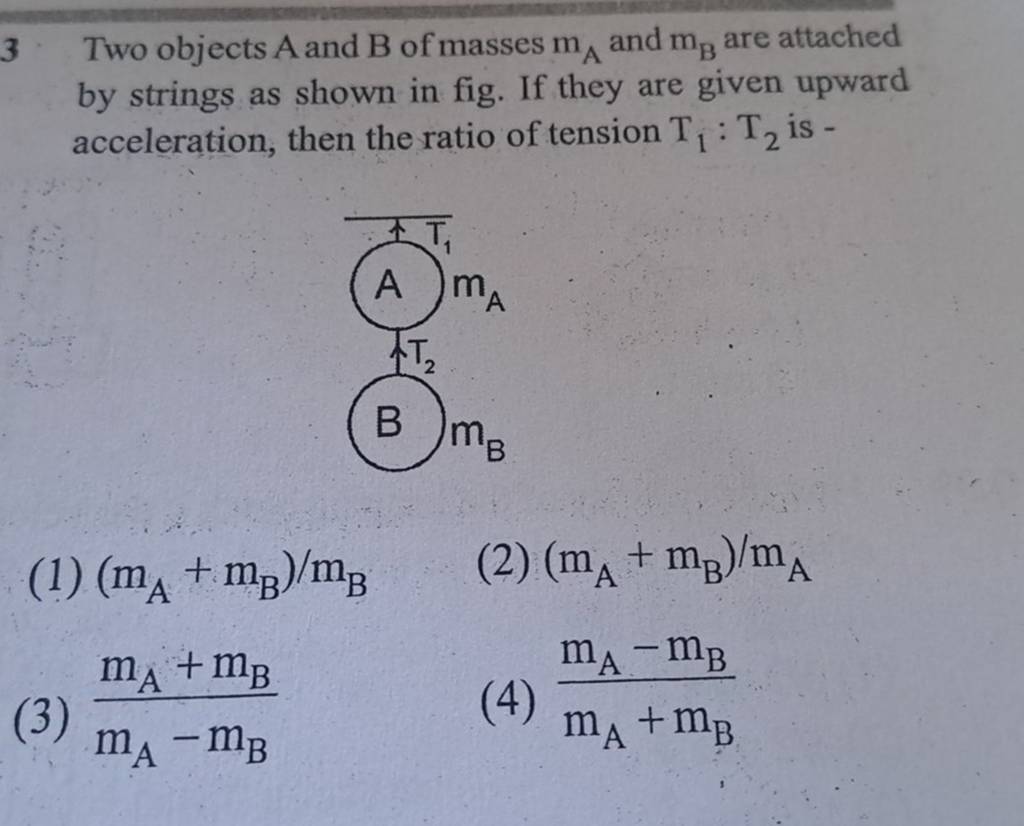 Two objects A and B of masses mA and mB are attached by strings as show..