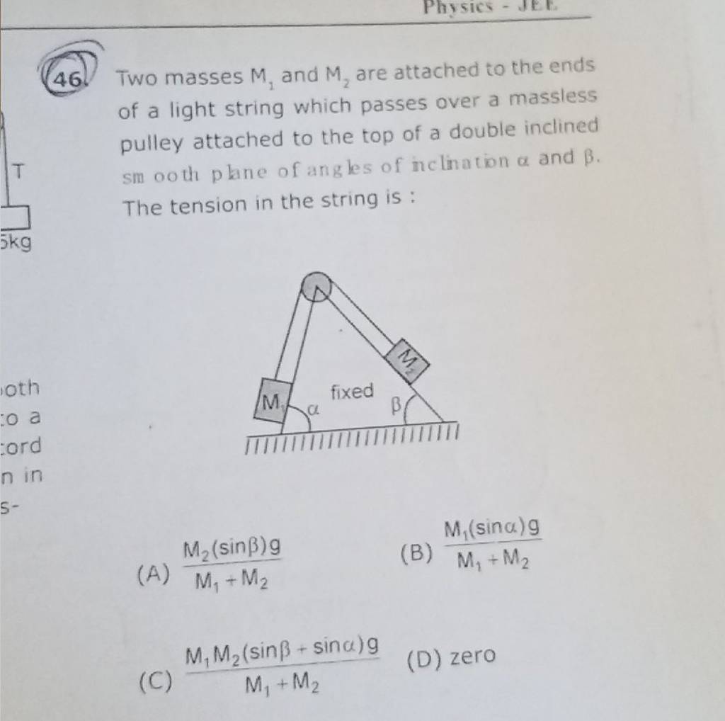 Two Masses M1 And M2 Are Attached To The Ends Of A Light String Which P