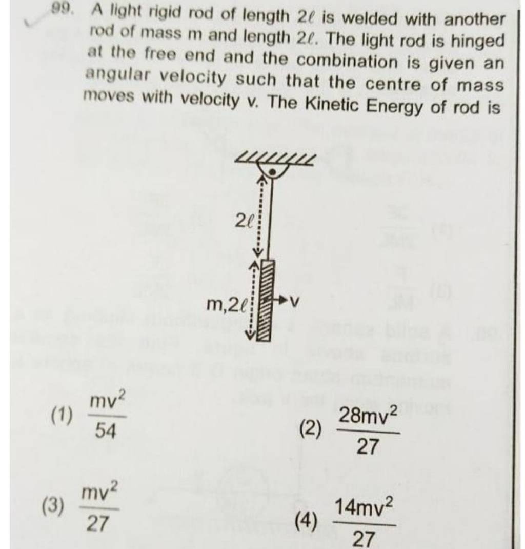 A light rigid rod of length 2ℓ is welded with another rod of mass m and l.. A light rigid rod of length 2ℓ is welded with another rod of mass m and l..