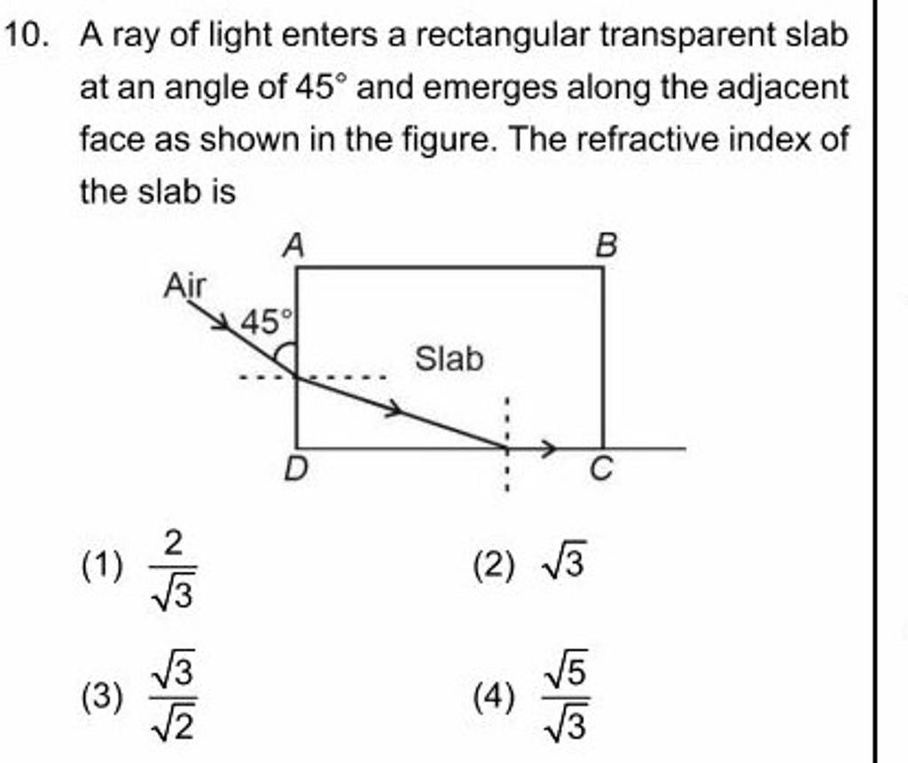 A ray of light enters a rectangular transparent slab at an angle of 45∘ a..