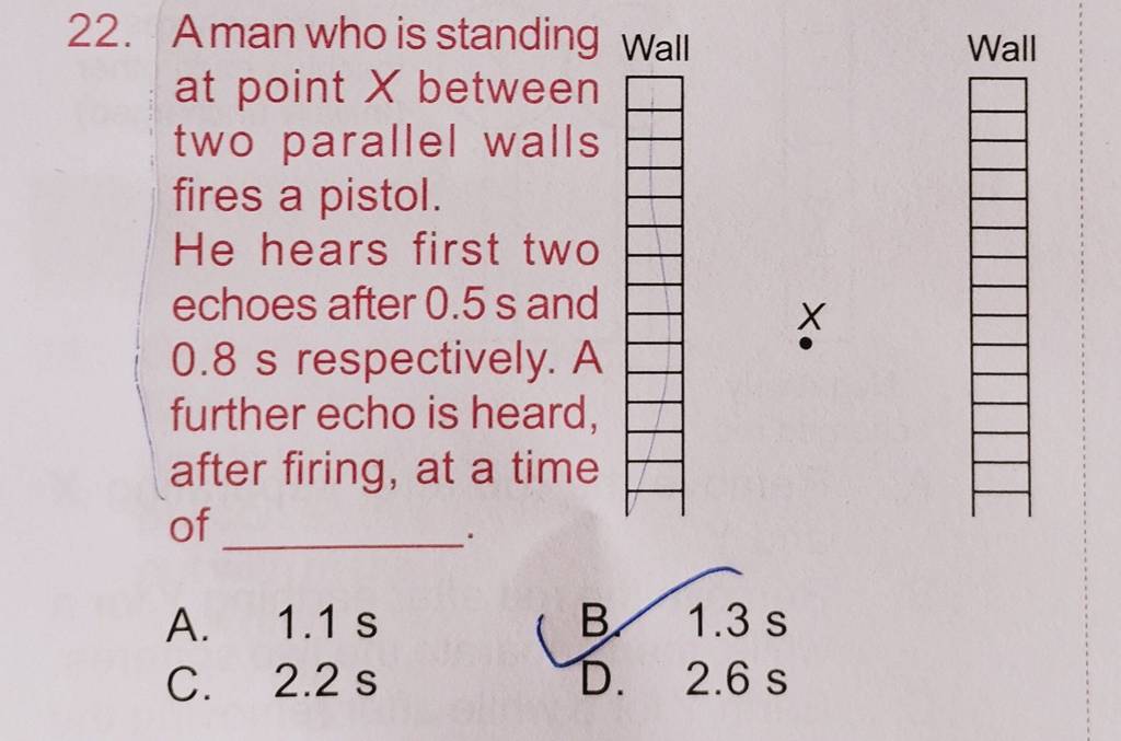 22. Aman who is standing wall at point X between two parallel walls fires..