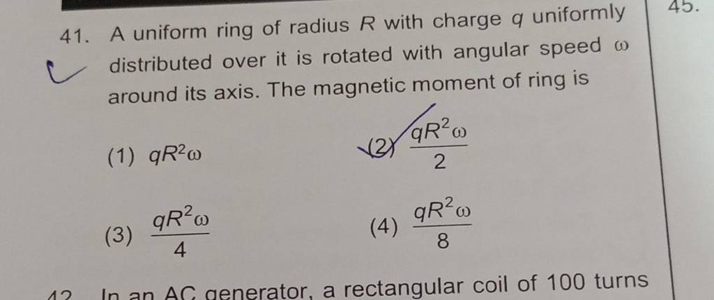 A uniform ring of radius R with charge q uniformly distributed over it is..