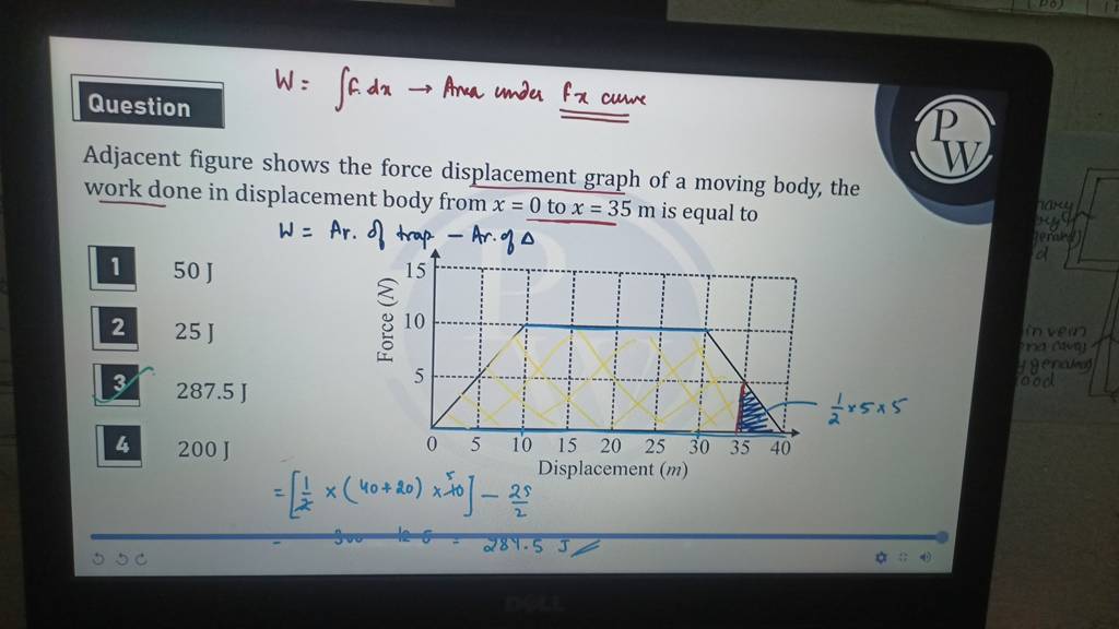 W=∫f⋅dx→ Anea under fx curve Adjacent figure shows the force displacemen.. W=∫f⋅dx→ Anea under fx curve Adjacent figure shows the force displacemen..