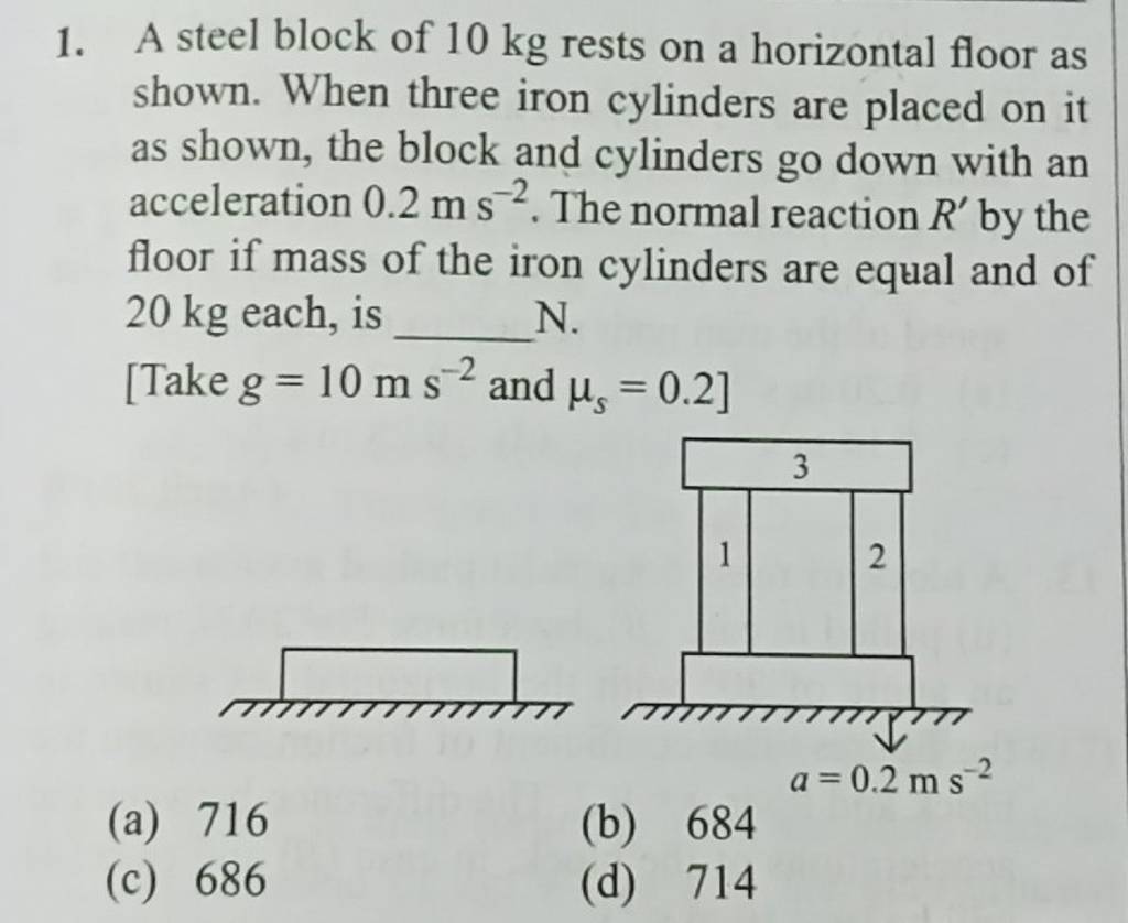A steel block of 10 kg rests on a horizontal floor as shown. When three i..