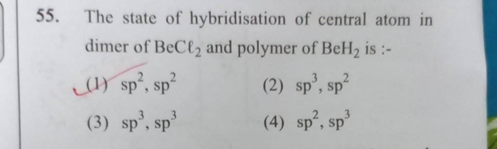 The state of hybridisation of central atom in dimer of BeCl2 and polymer..