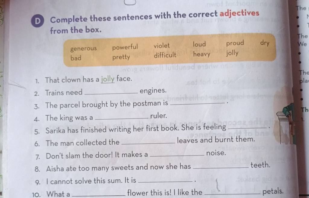 D Complete these sentences with the correct adjectives from the box. gen..