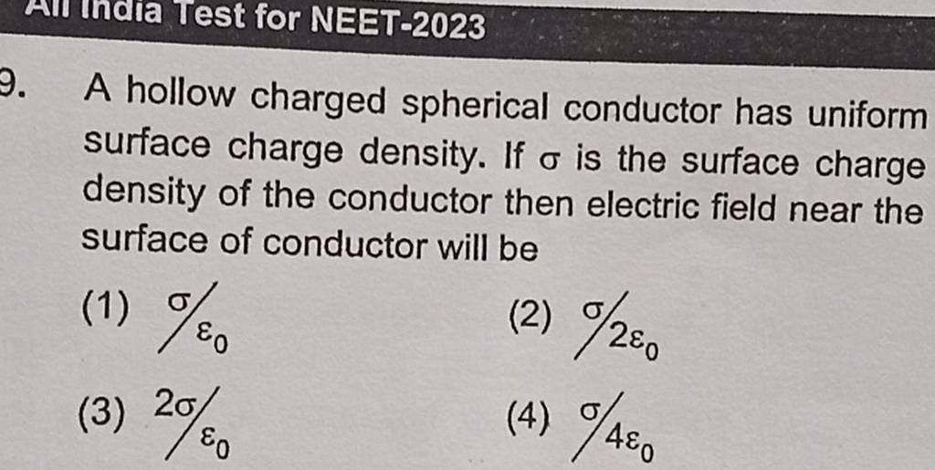 A hollow charged spherical conductor has uniform surface charge density.