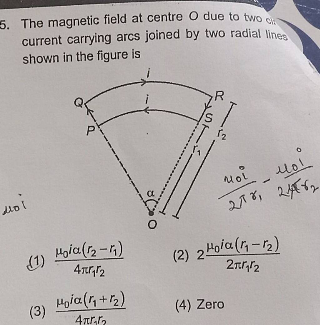 The magnetic field at centre O due to two cir current carrying arcs joine..