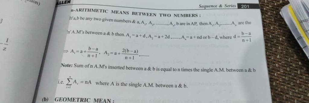 n-ARITHMETIC MEANS BETWEEN TWO NUMBERS : If a,b be any two given numbers