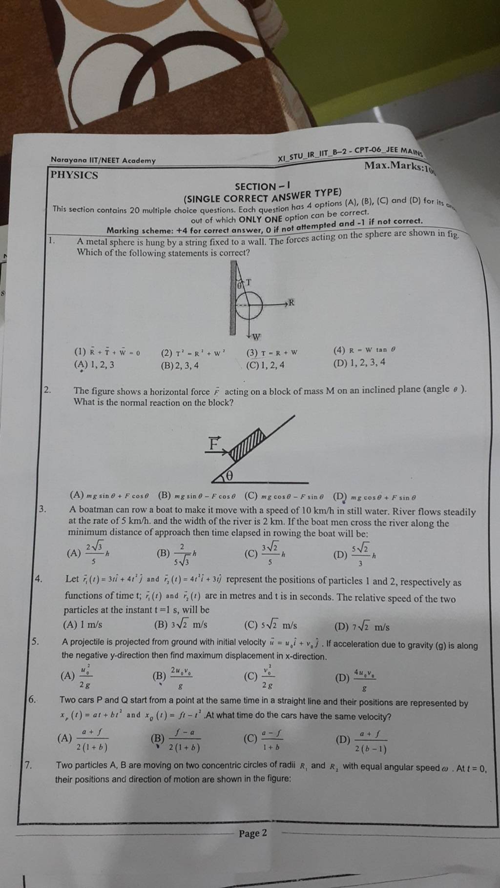 Narayana IIT/NEET Academy PHYSICS XI_STU_IR_IIT_B-2-CPT-06_JEE MAINS Max...