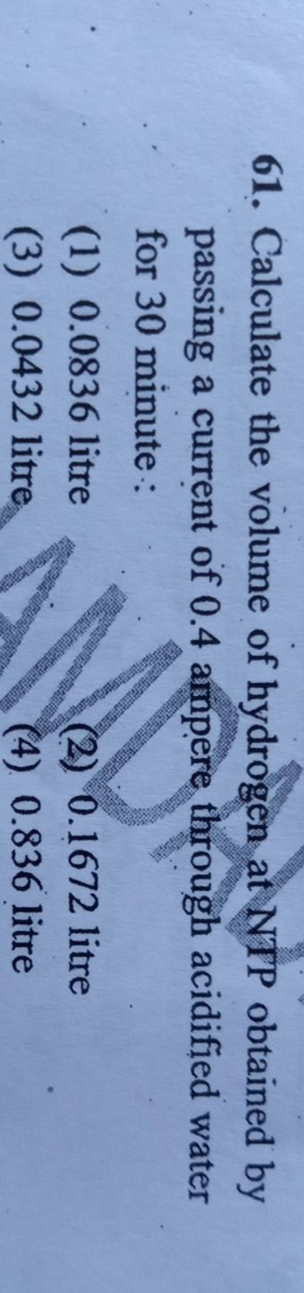Calculate the volume of hydrogen at NTP obtained by passing a current of