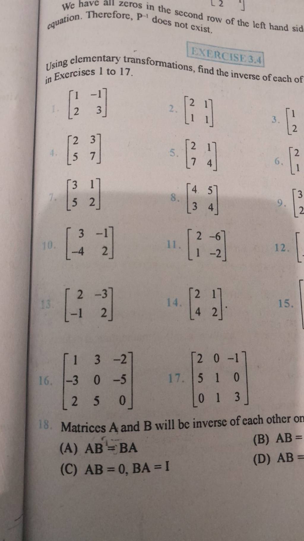 Using Elementary Transformations Find The Inverse Of Each Of In Exercise