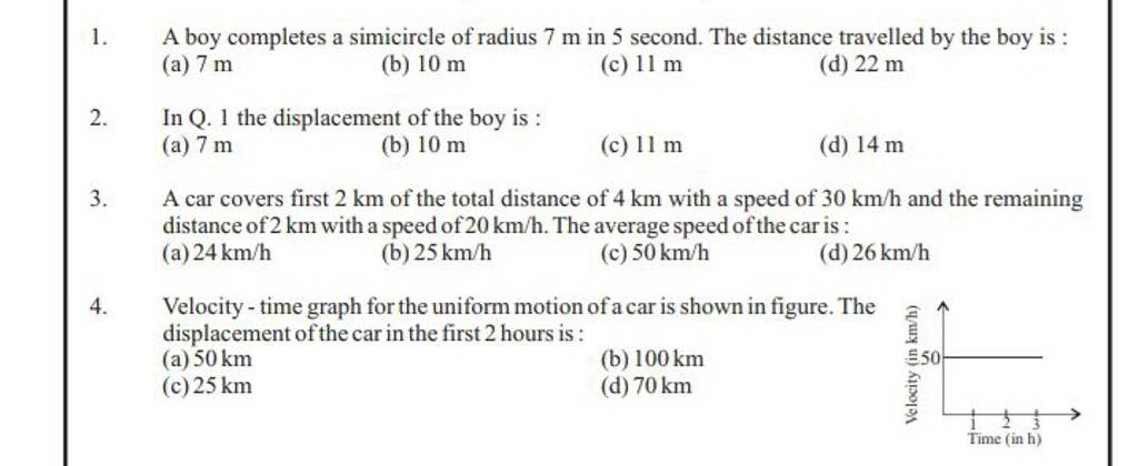 Velocity - time graph for the uniform motion of a car is shown in figure...