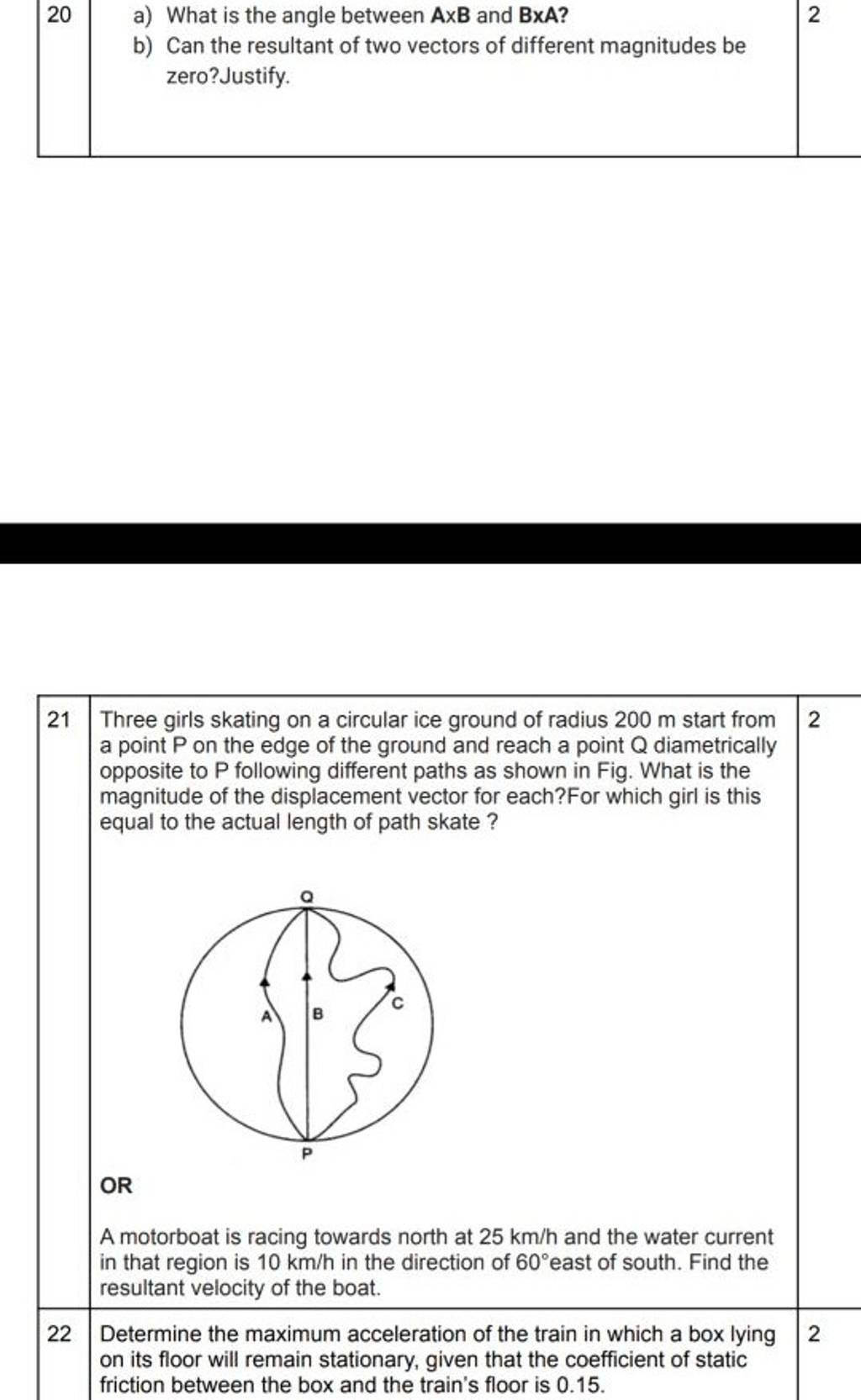 20 a) What is the angle between AxB and BxA? 2 b) Can the resultant of tw..