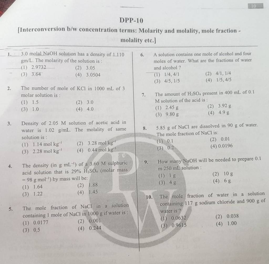 DPP-10 [Interconversion b/w concentration terms: Molarity and molality, m..