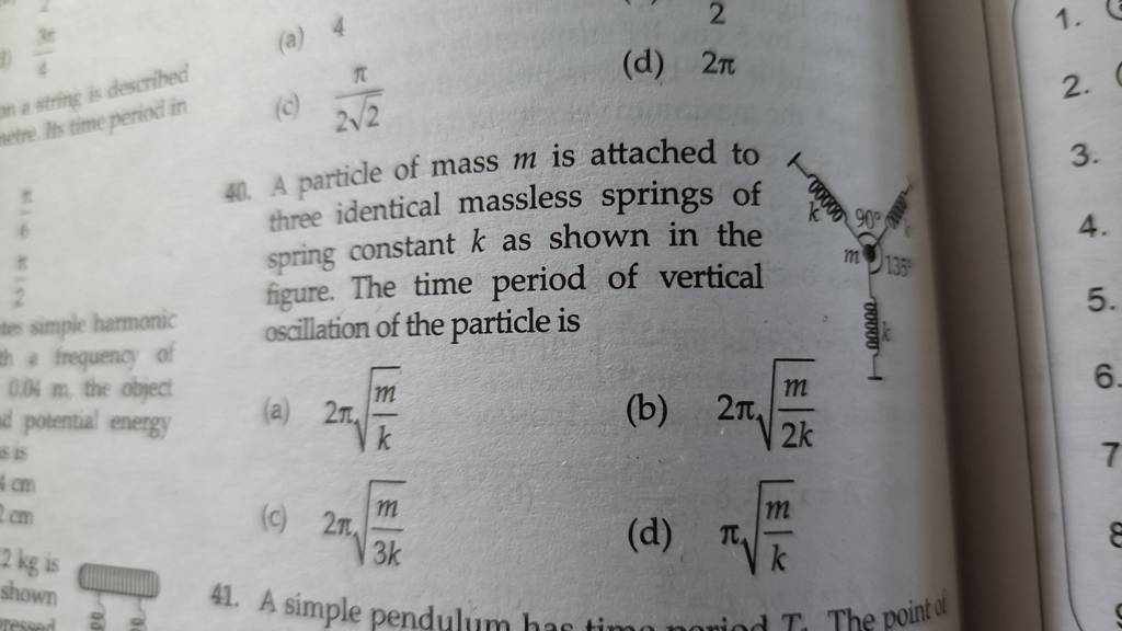 A particle of mass m is attached to three identical massless springs of s..