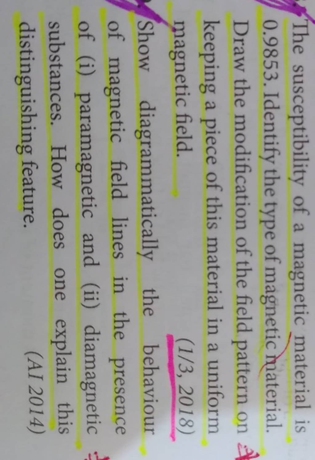 The susceptibility of a magnetic material is 0.9853. Identify the type of..