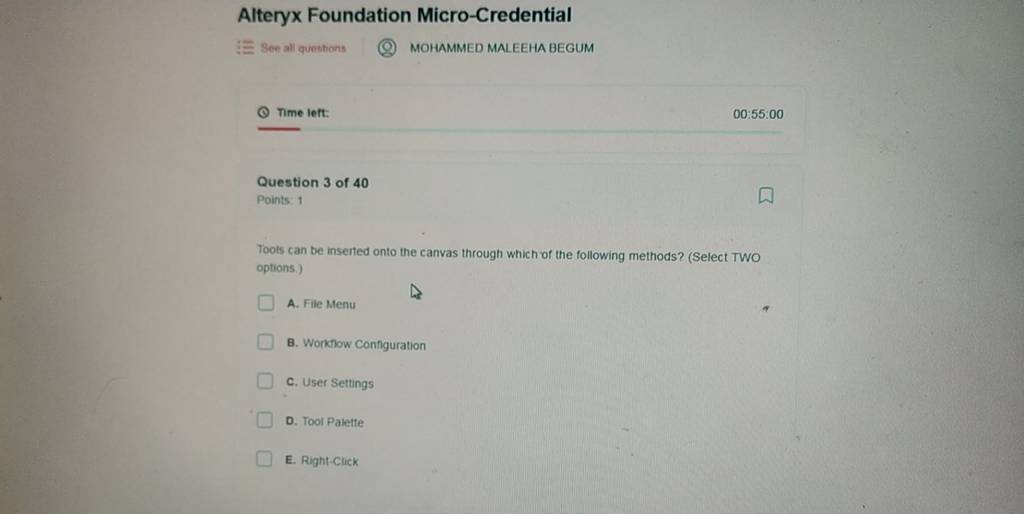 Alteryx Foundation Micro-Credential 三三 Sen all questions (Q) MOHAMMED MAL..