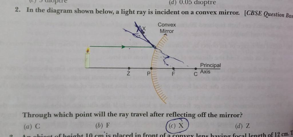 In the diagram shown below, a light ray is incident on a convex mirror.