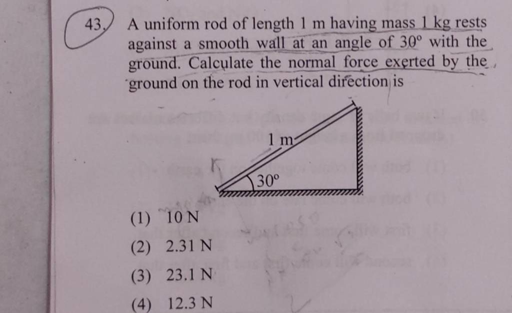 A uniform rod of length 1 m having mass 1 kg rests against a smooth wall