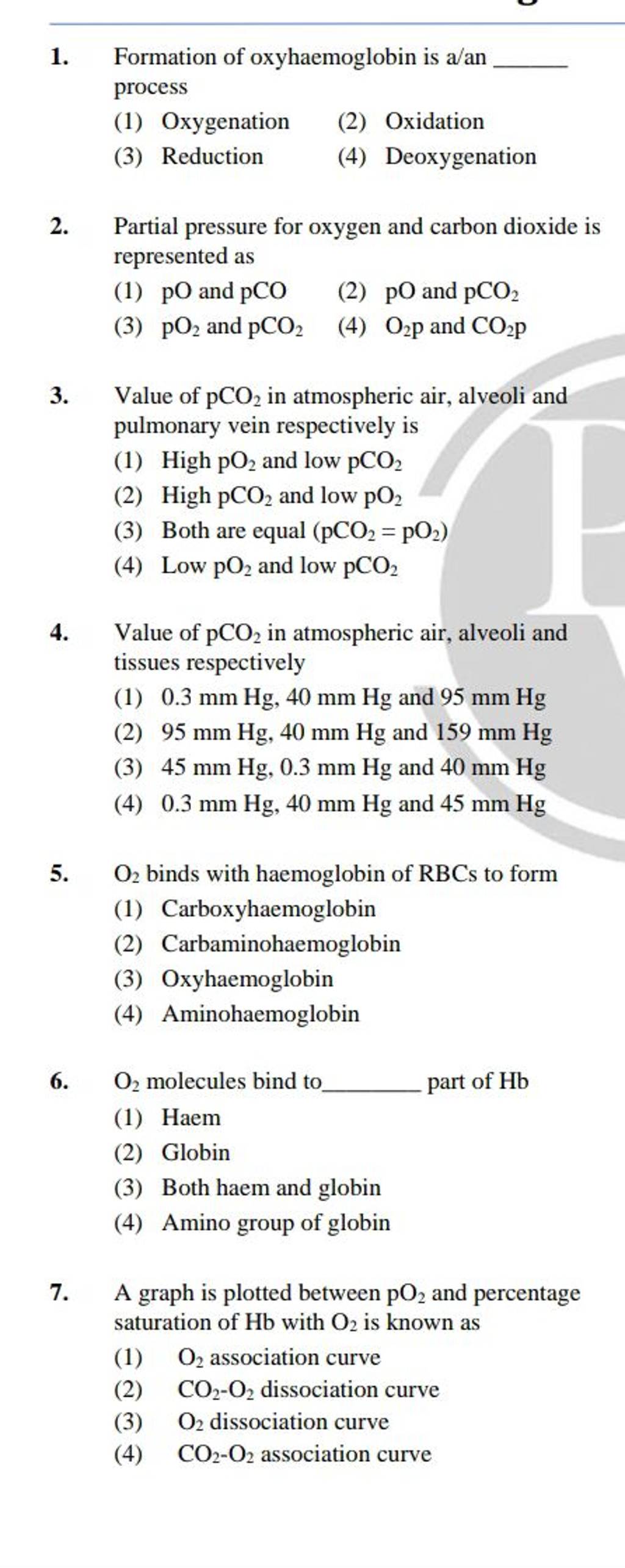 Value of pCO2 in atmospheric air, alveoli and tissues respectively | Filo