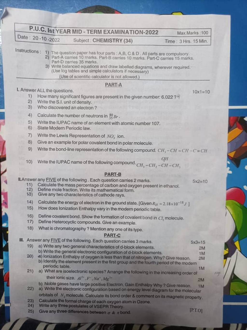 P.U.C. ISt YEAR MID - TERM EXAMINATION-2022Max.Marks : 100Date : 20−10−20..