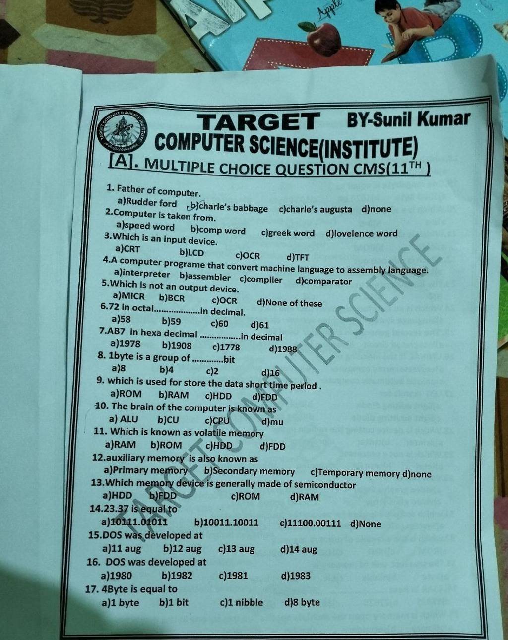 CA]. MULTIPL 1. Father of computer. 1. Father of computer. a)Rudder ford
