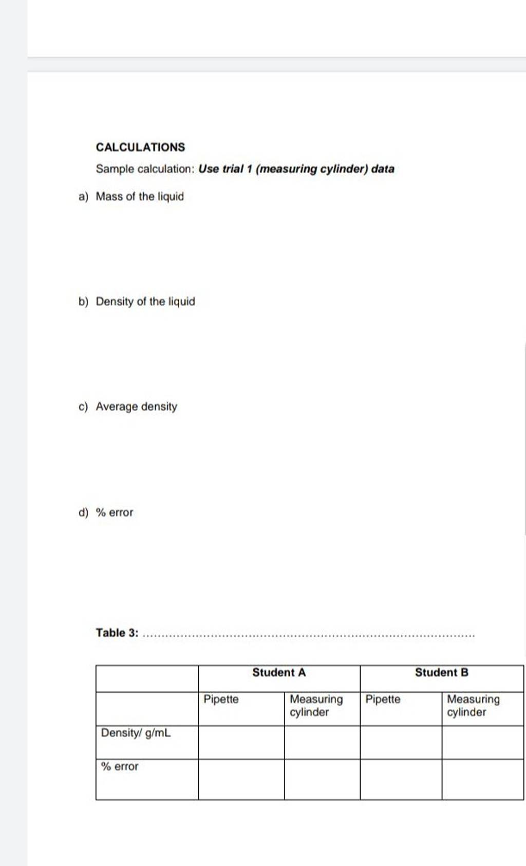 CALCULATIONS Sample calculation: Use trial 1 (measuring cylinder) data..