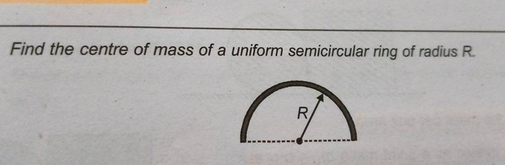 Find the centre of mass of a uniform semicircular ring of radius R.