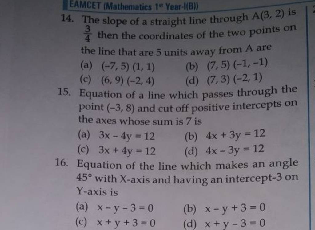 Equation of the line which makes an angle 45∘ with X-axis and having an i..