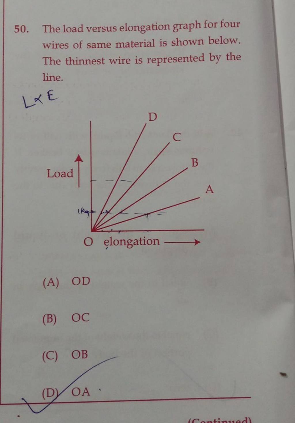50. The load versus elongation graph for four wires of same material is s..