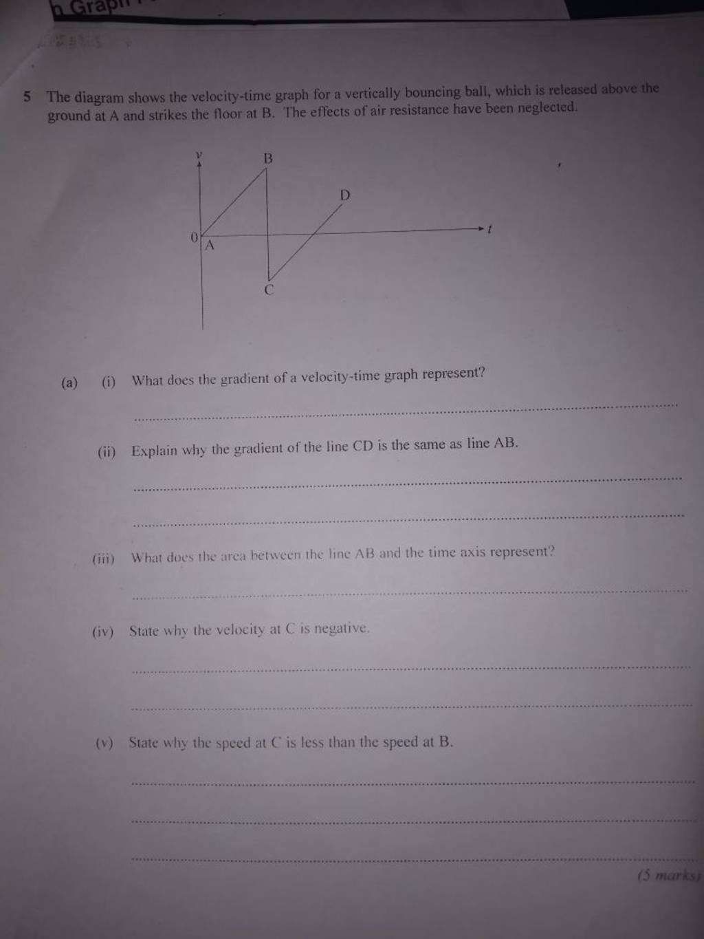 5 The diagram shows the velocity-time graph for a vertically bouncing bal..