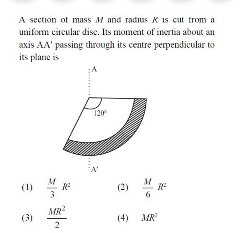 A section of mass M and radius K is cut from a uniform circular disc. Its..