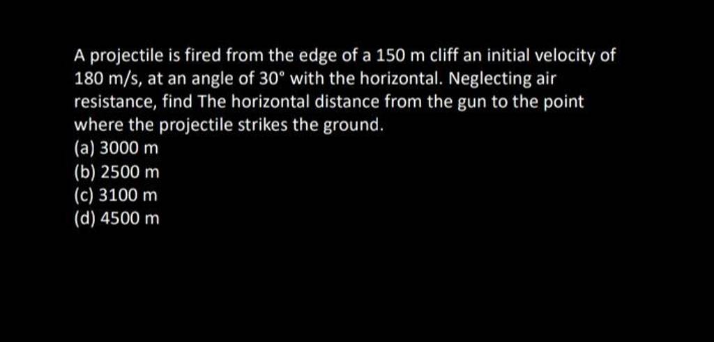 A projectile is fired from the edge of a 150 m cliff an initial velocity