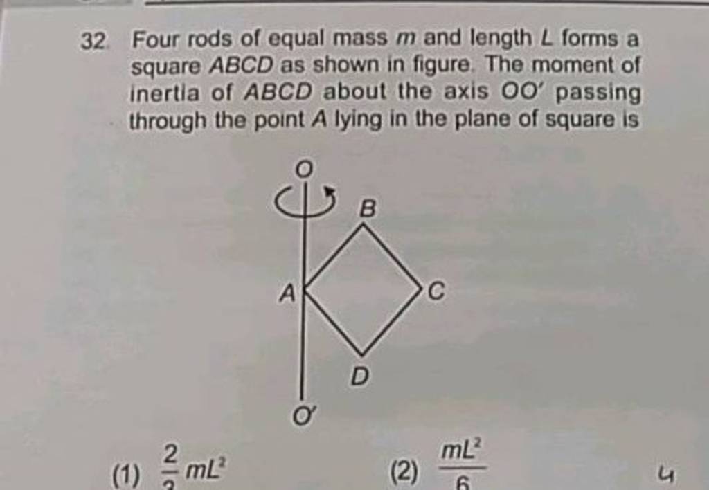 32. Four rods of equal mass m and length L forms a square ABCD as shown i..