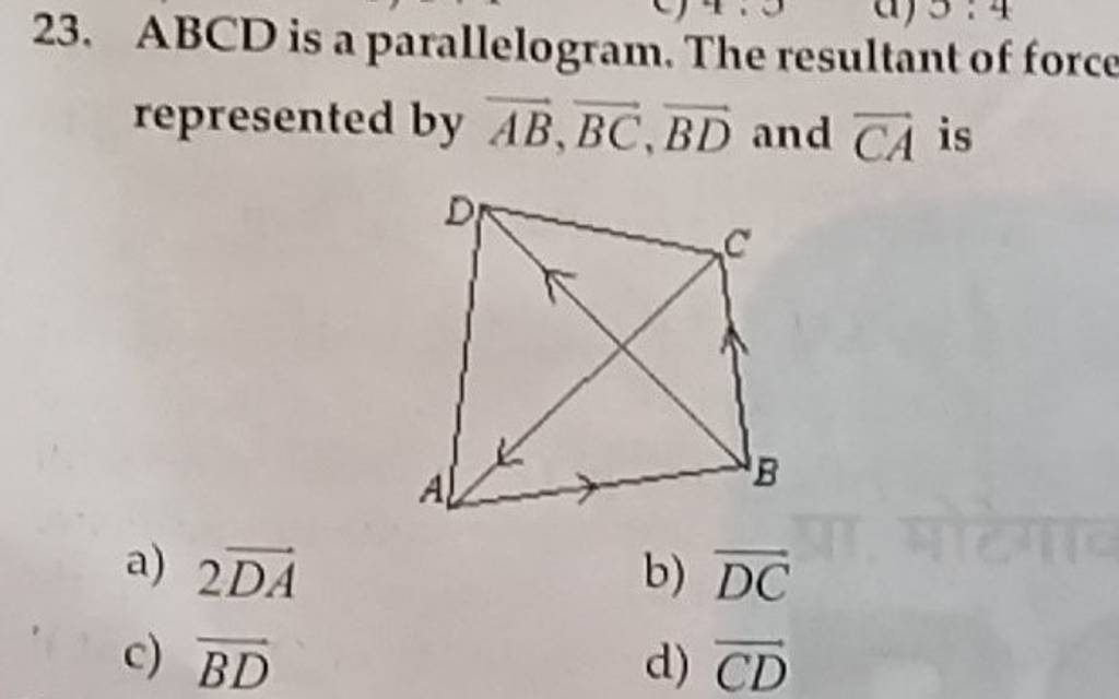 ABCD is a parallelogram. The resultant of force represented by AB,BC,BD a..