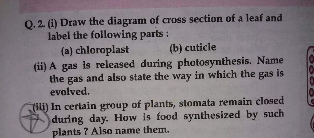 Q. 2. (i) Draw the diagram of cross section of a leaf and label the follo..