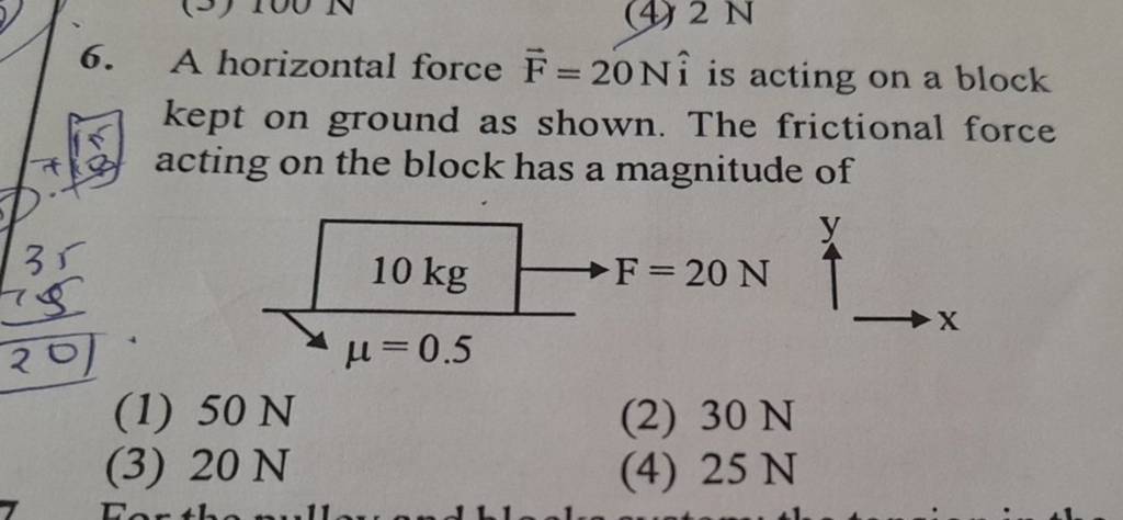 A horizontal force F=20 Ni^ is acting on a block kept on ground as shown...