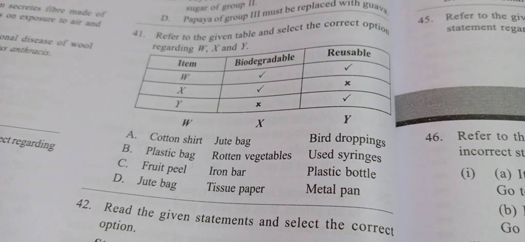 Refer To The Given Table And Select The Correct Option Regarding W X And