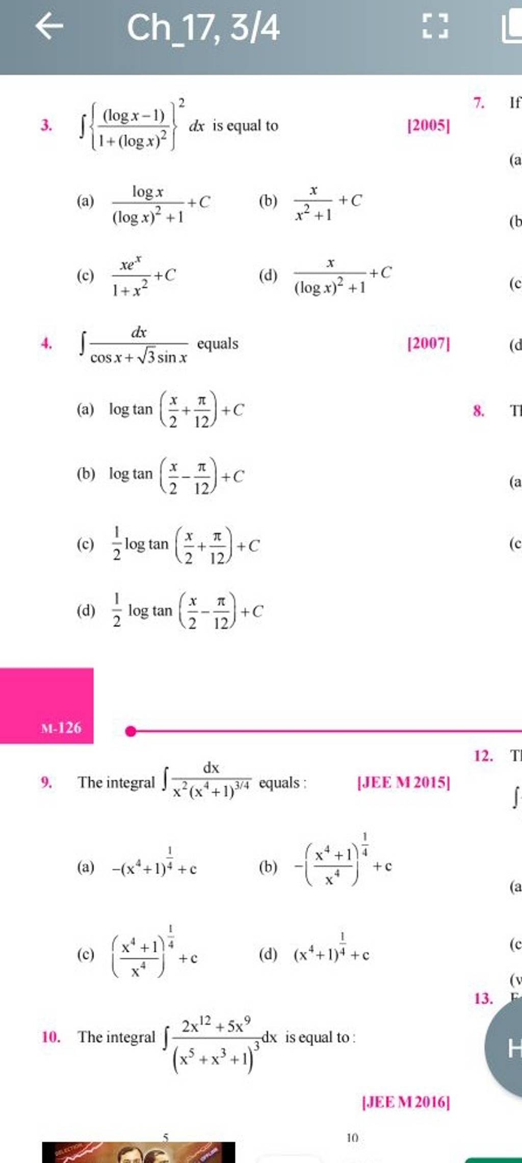 The integral ∫x2(x4+1)3/4dx equals : [JEE M 2015] 12. T | Filo