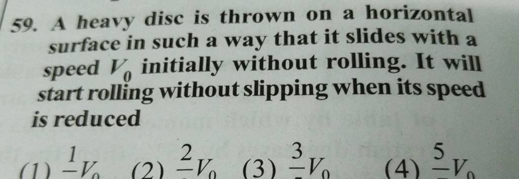 59. A heavy disc is thrown on a horizontal surface in such a way that it