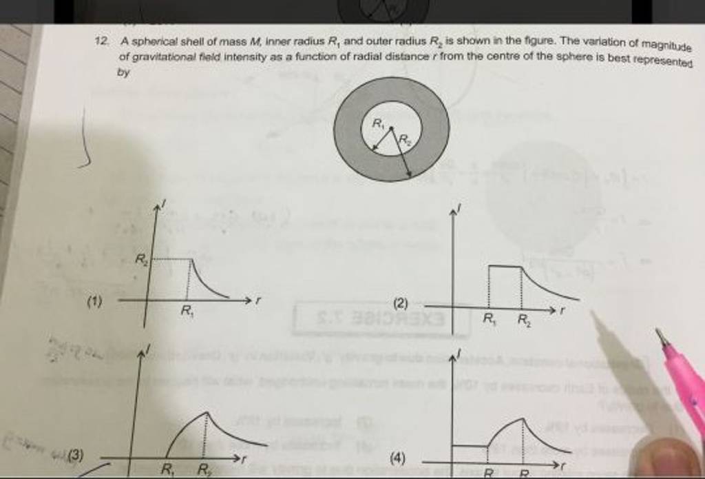 12. A spherical shell of mass M, inner radius R1 and outer radius R2 is..