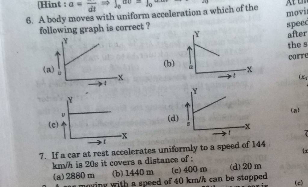 A Body Moves With Uniform Acceleration A Which Of The Following Graph Is