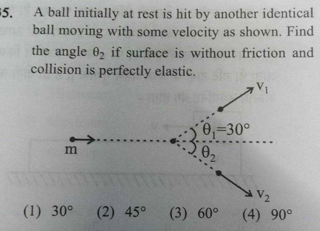 A ball initially at rest is hit by another identical ball moving with som..