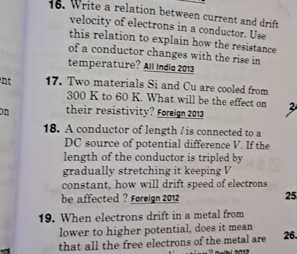 16 Write A Relation Between Current And Drift Velocity Of Electrons In A