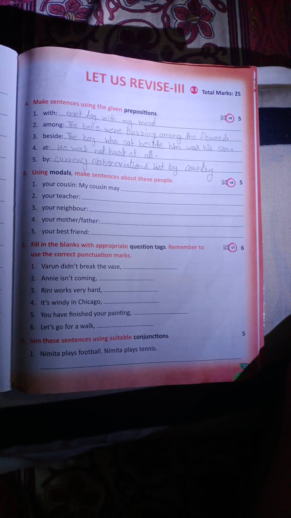 LET US REVISE- A. Make sentences using the given prepositions. 1. with: D..