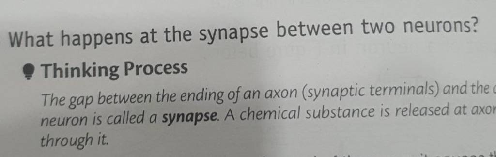 What happens at the synapse between two neurons? - Thinking Process The g..